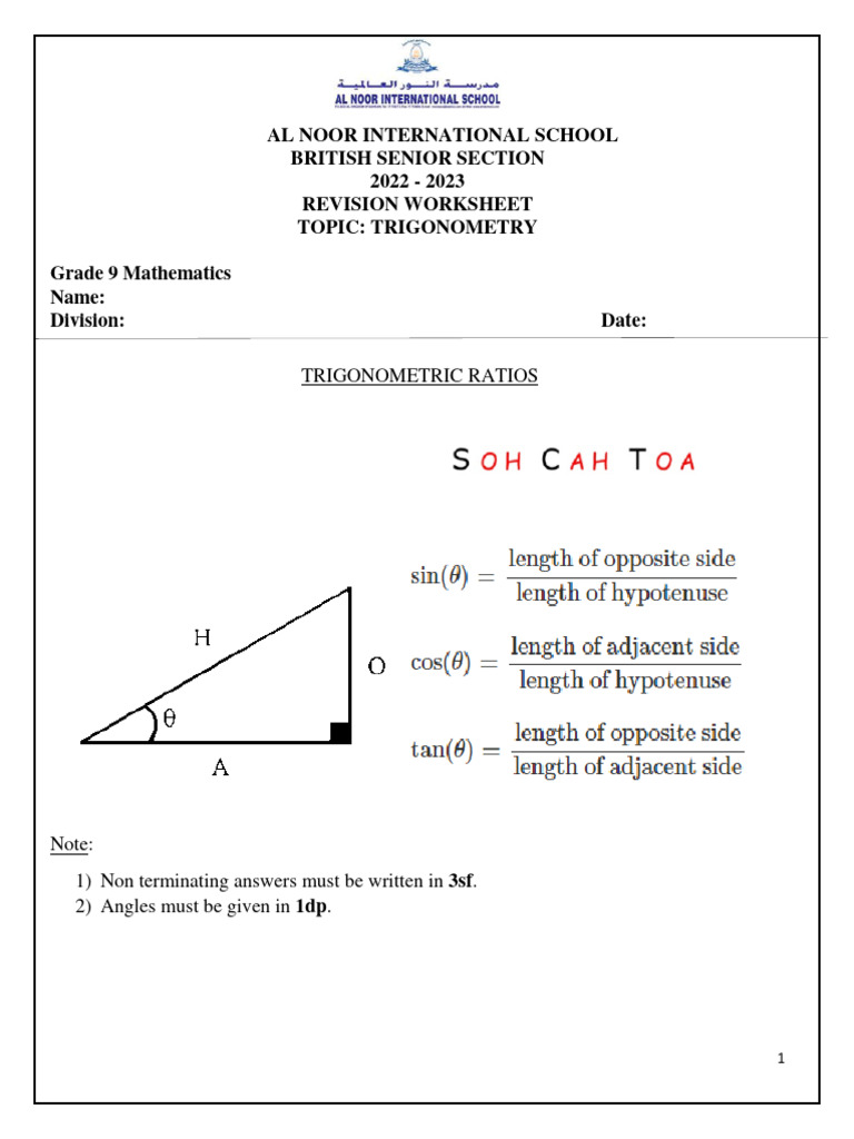 Trigonometry Worksheet | PDF