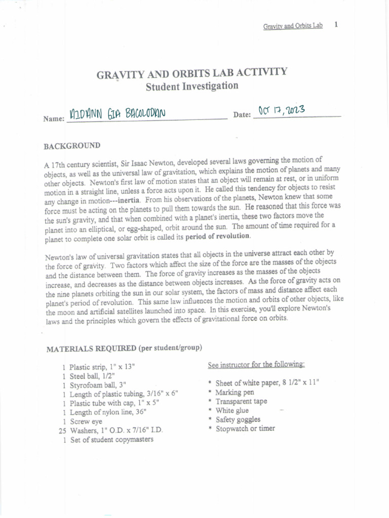 Aidann Gia Bacolodan - Lab Six | PDF | Orbit | Gravity