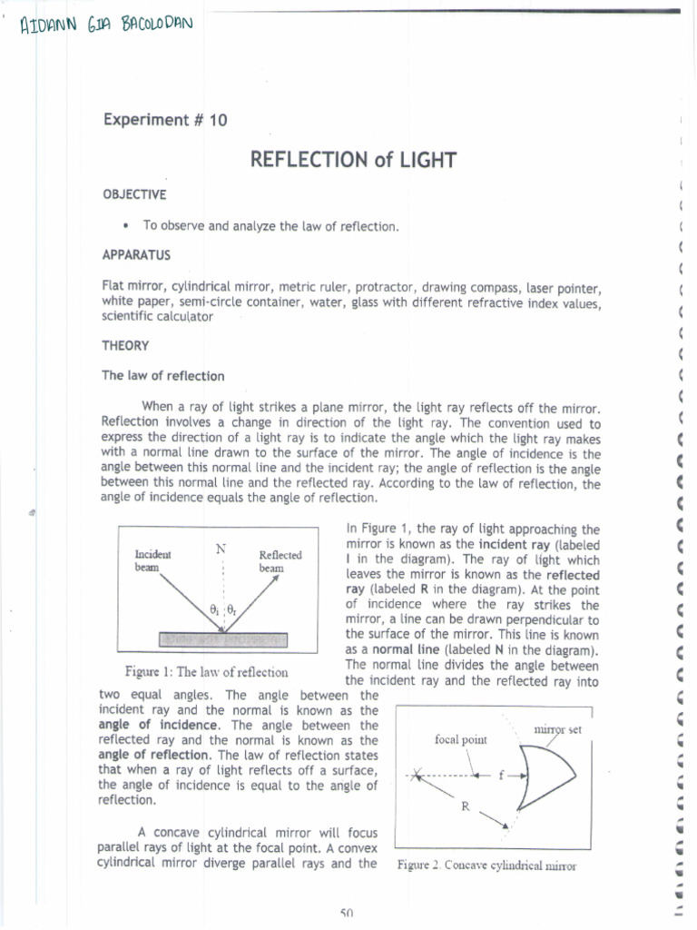Aidann Gia Bacolodan Lab Five | PDF | Reflection (Physics) | Refraction