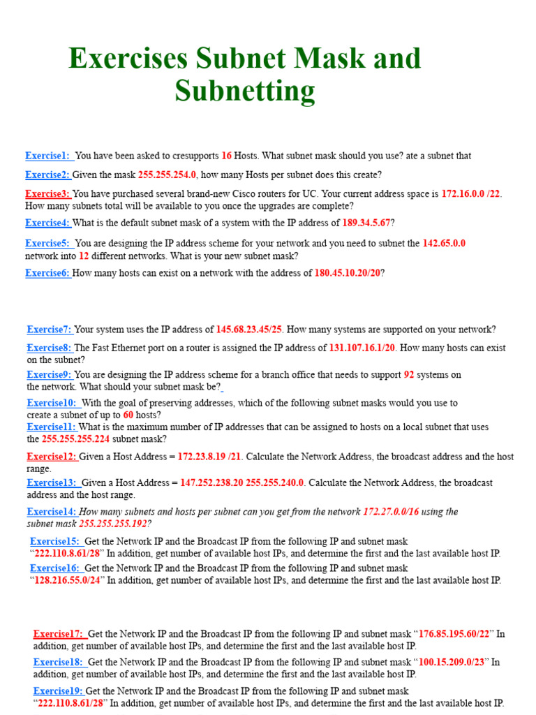 Exercises Subnet Mask And Subnetting Download Free Pdf Ip Address Computer Network