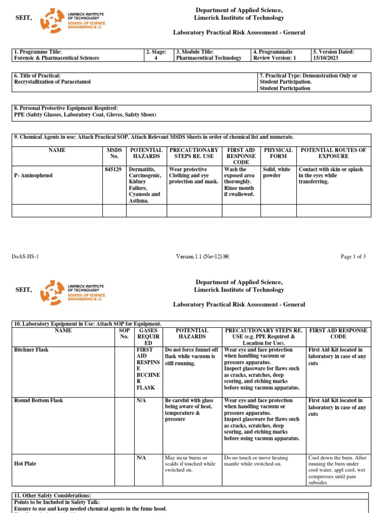 Laboratory Risk Assessment for Chemistry | PDF | Personal Protective ...
