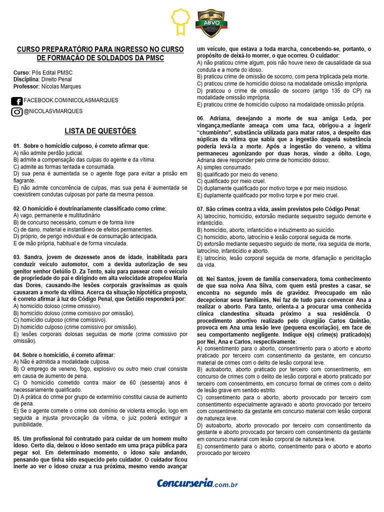 Questões de Direito Penal para PMSC | PDF | Roubo | Lesão corporal (crime)