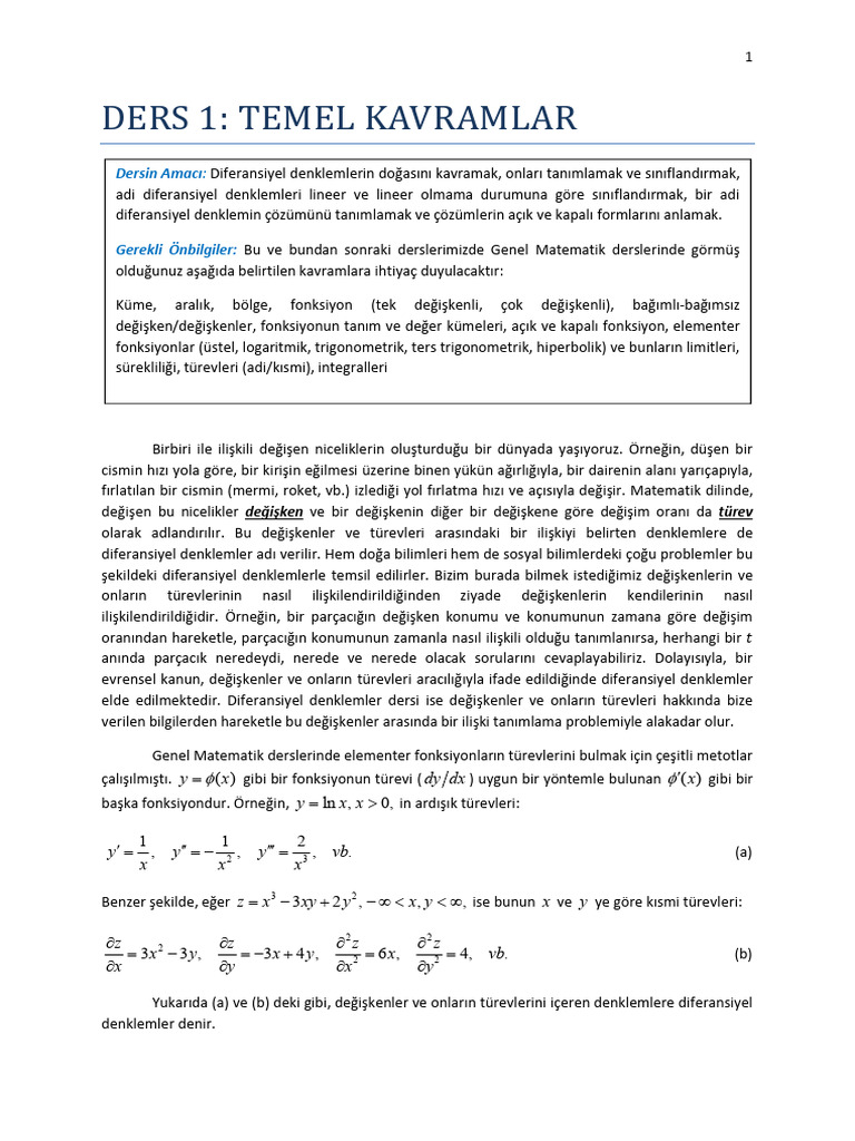 Diferansiyel Denklemler Ders Notları - 1 | PDF