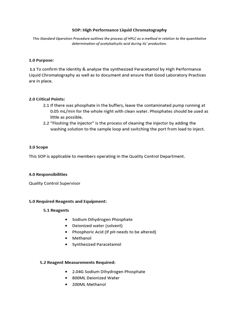Standard Operating Procedure HPLC | PDF | High Performance Liquid ...