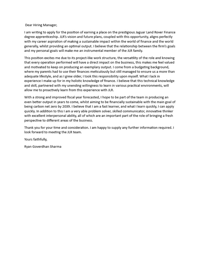 Ryan G Sharma - JLR Cover Letter | PDF