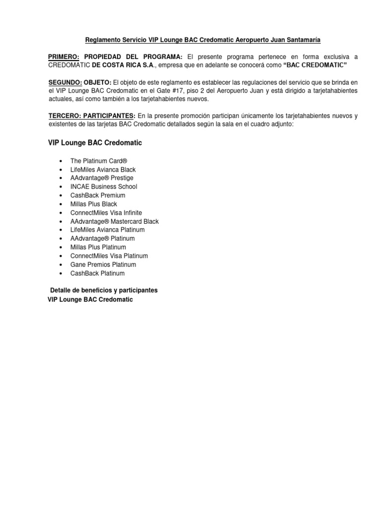 Reglamento VIP Lounge BAC Credomatic | PDF