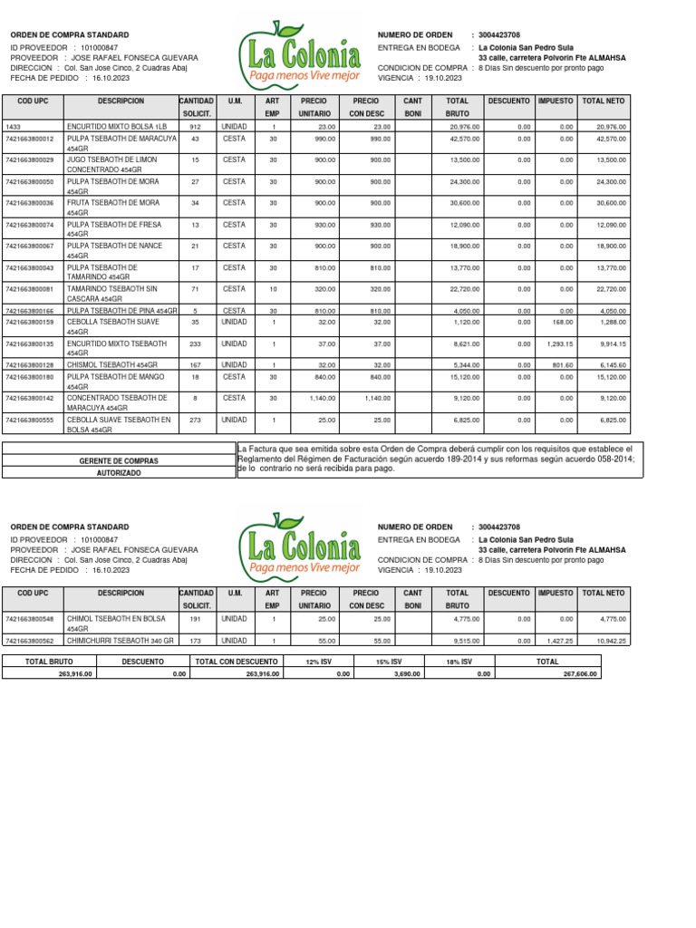 Orden de Compra Standard Numero de Orden: 3004423708 | PDF