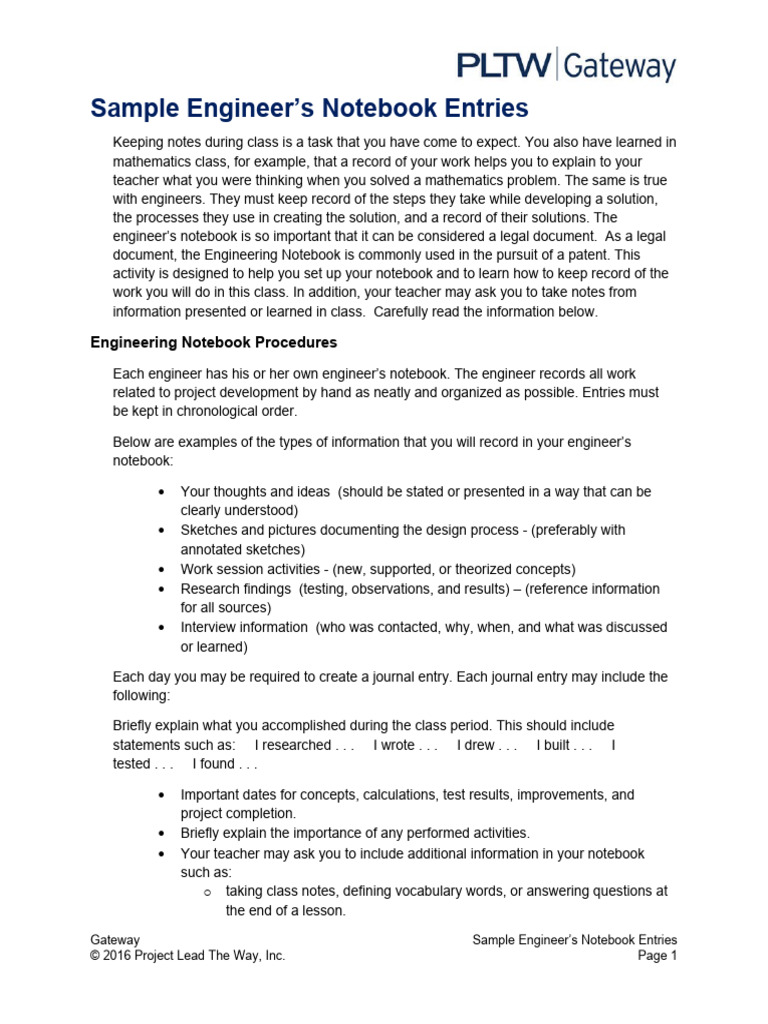 Sample Engineers Notebook Entries | PDF | Notebook | Thought