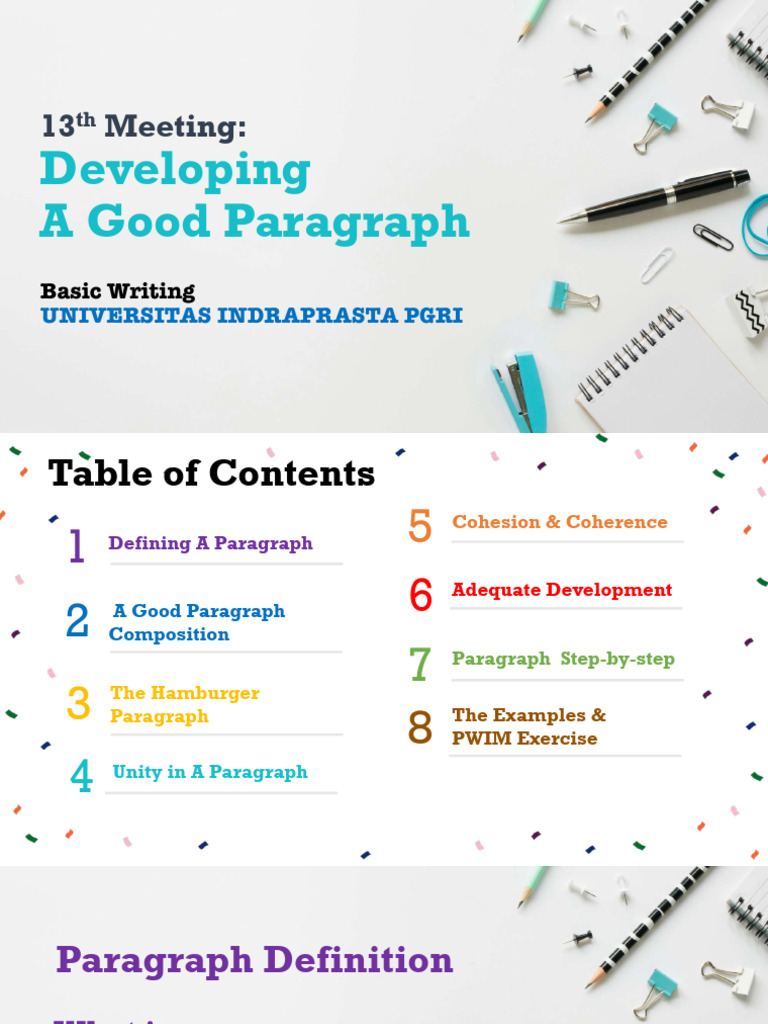 13th Meeting Developing A Good Paragraph | PDF | Paragraph | Sentence (Linguistics)