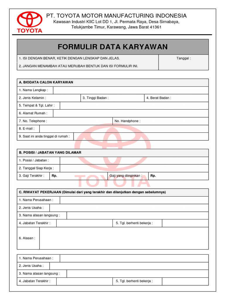 Formulir PT Toyota | PDF