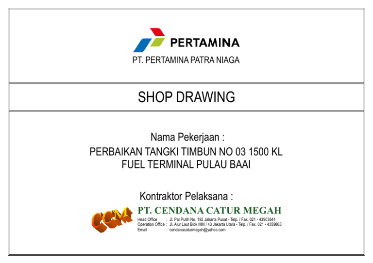 Cover Shop Drawing FT Pulau Bai Pekerjaan Tangki No 3 1500 KL | PDF