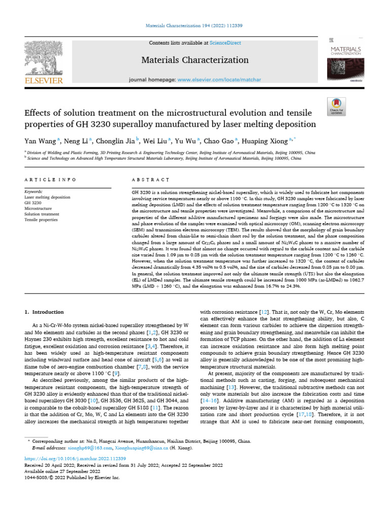 Y. Wang, H. Xiong, Effects of Solution Heat Treatment On The Microstructural Evolution and ...
