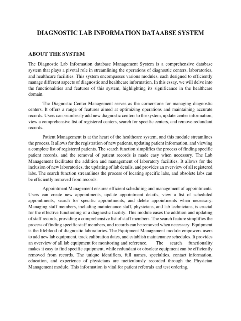 Diagnostic Lab Information Database System - Mba-Ba | PDF | Databases | Laboratories