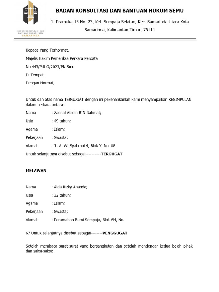 Kesimpulan (TERGUGAT) Perdata - B | PDF | Hukum