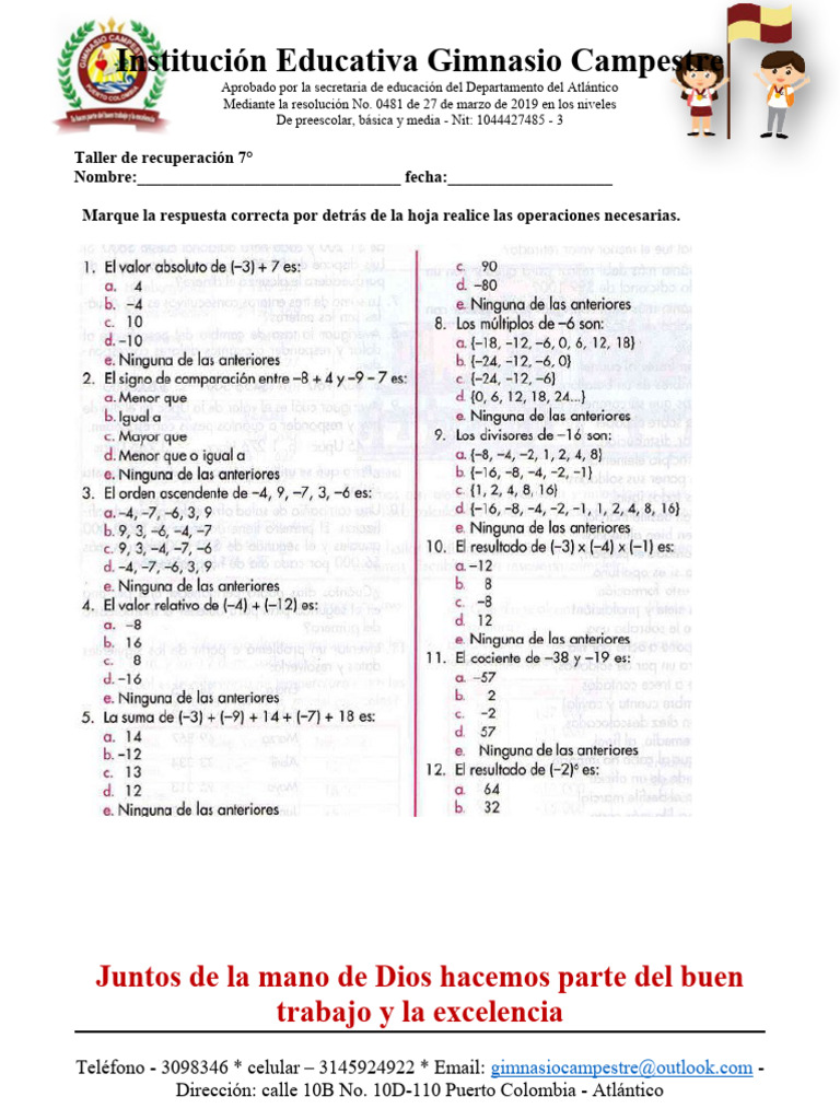 TALLER DE RECUPERACIÓN 7° | PDF