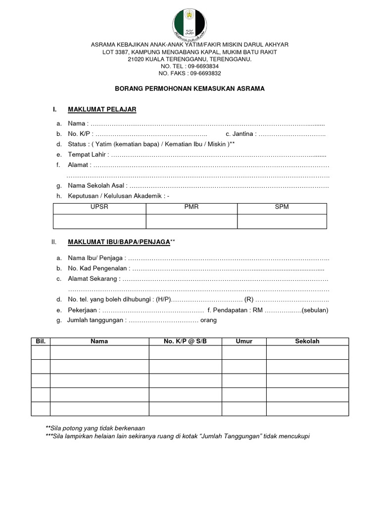 Borang Permohonan Kemasukkan Asrama | PDF