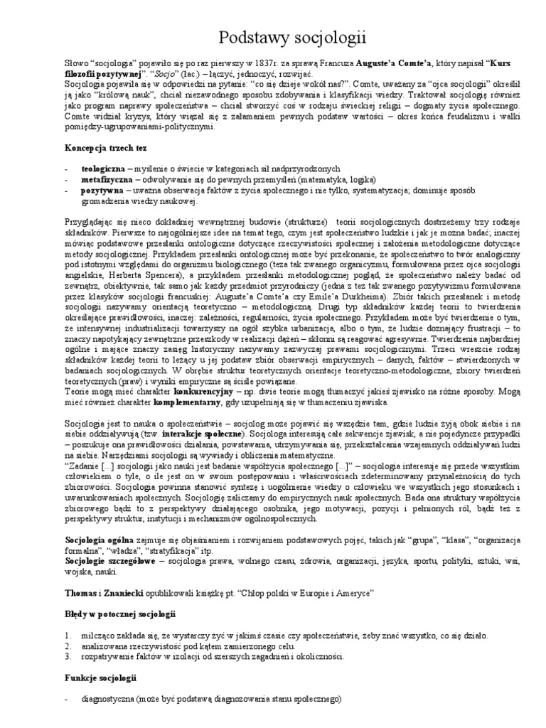 Podstawy Socjologii - Opracowanie | PDF