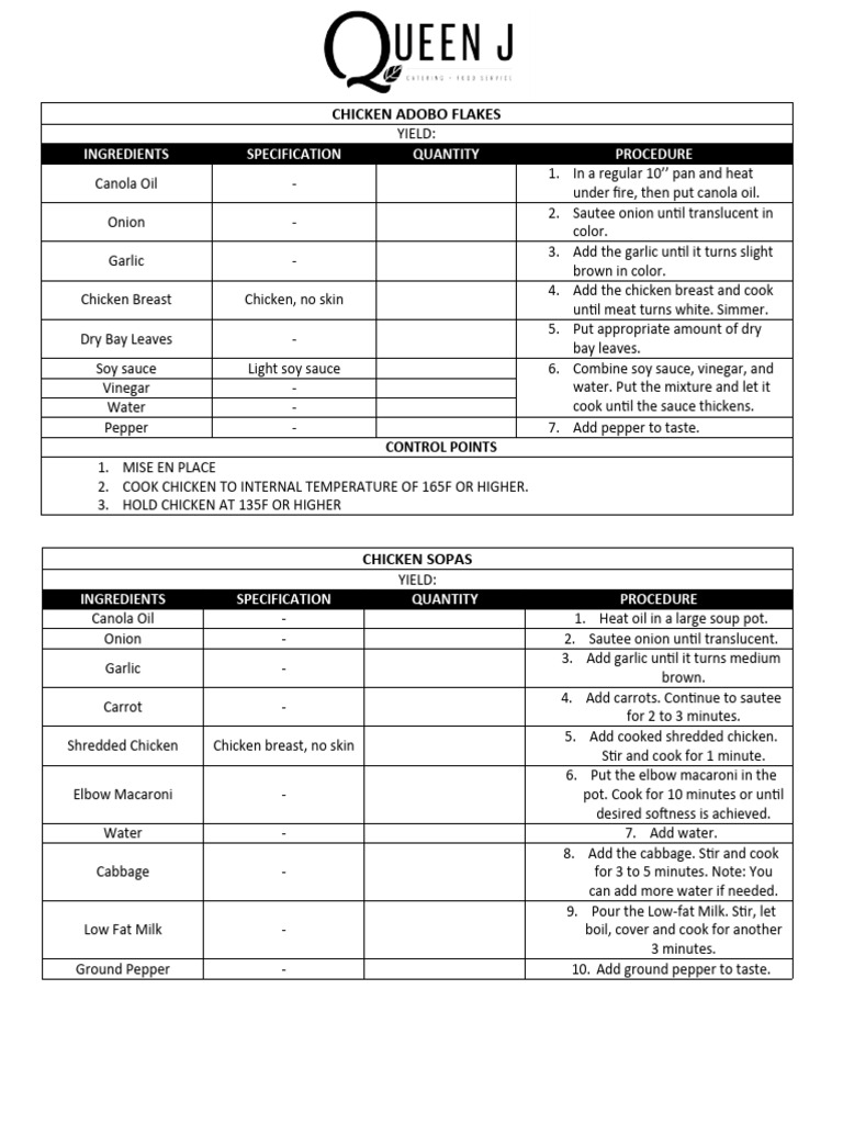 Recipe Manual Guideline (Chicken) | PDF | Sauce | Garlic