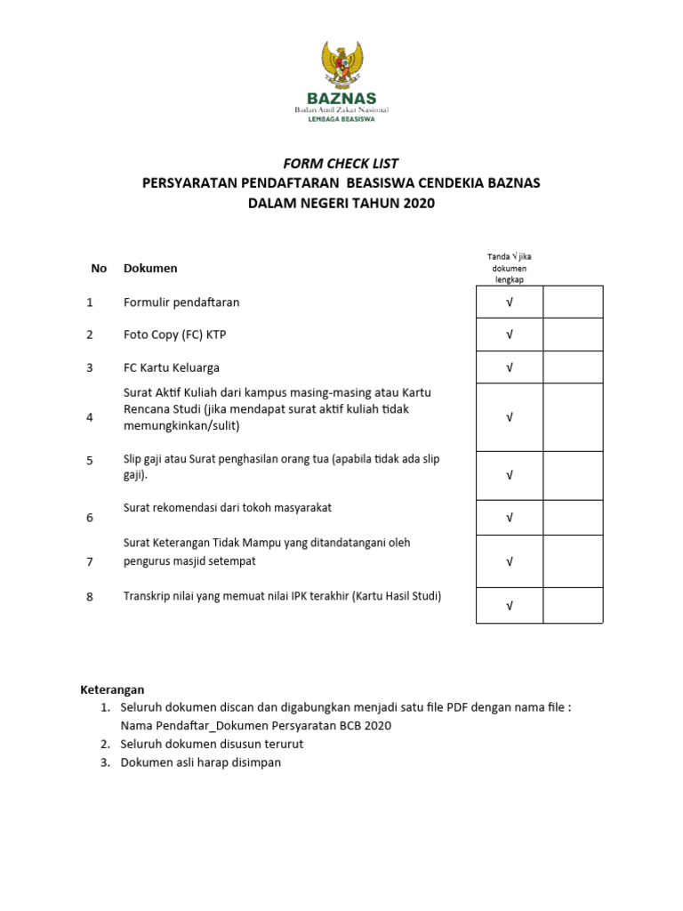 Form Checklist Dan Formulir Pendaftaran BCB DN 2020 Yg SUdah Di Isi | PDF