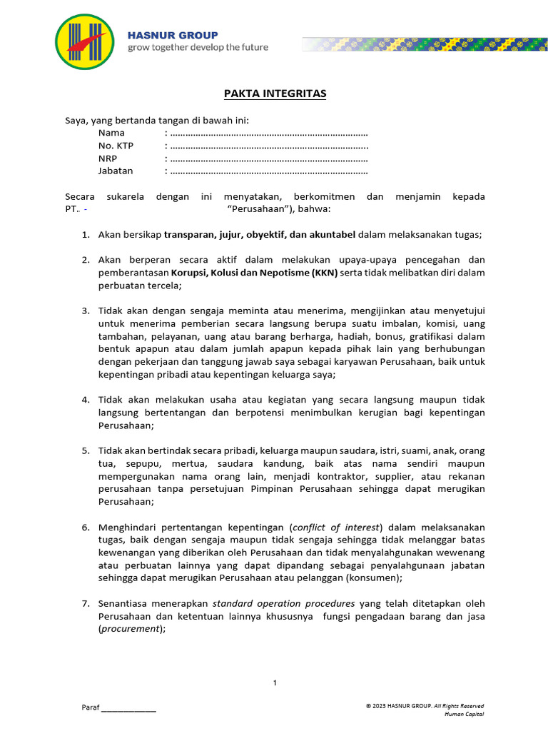 Surat Pakta Integritas Karyawan HASNUR GROUP - Share | PDF