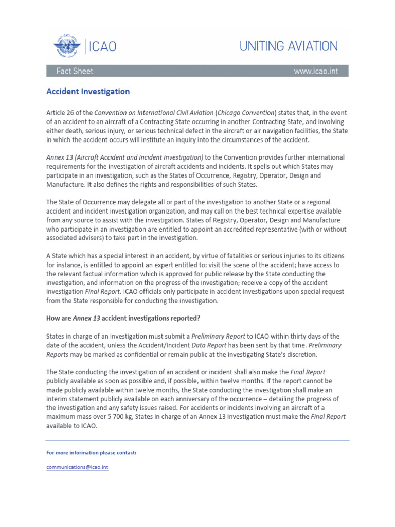 ICAO Fact Sheet Accident Investigation 2016 03 | PDF | Aviation ...