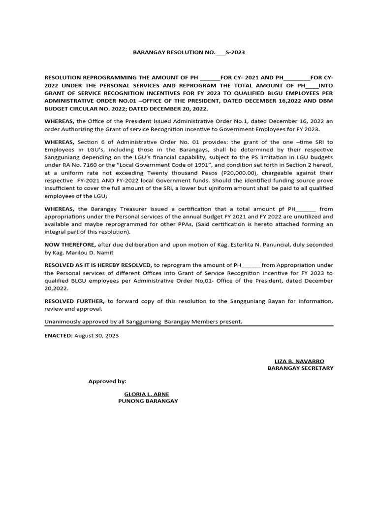 BARANGAY RESOLUTION Reprogramming | PDF | Government