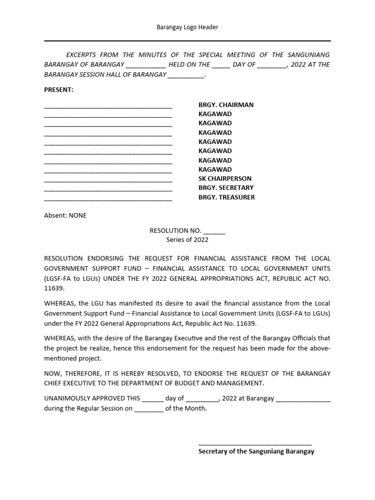 Barangay Resolution Template 1 | PDF | Government | Governance