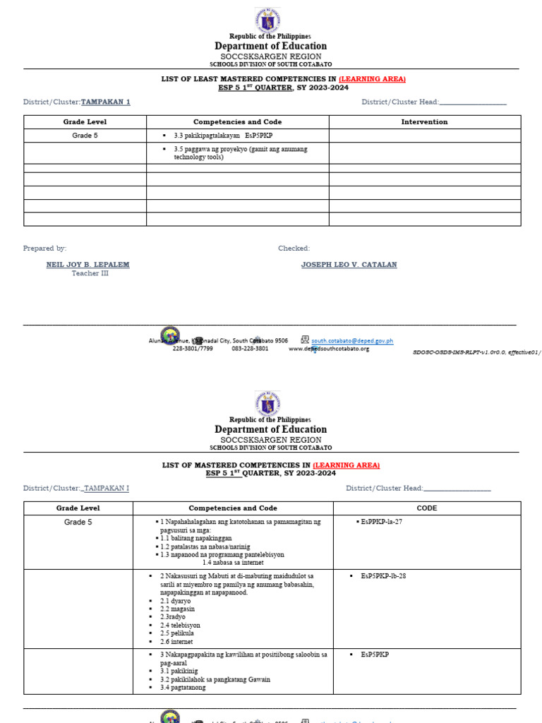ESP List-of-Least-Mastered-and-Mastered-Competencies | PDF