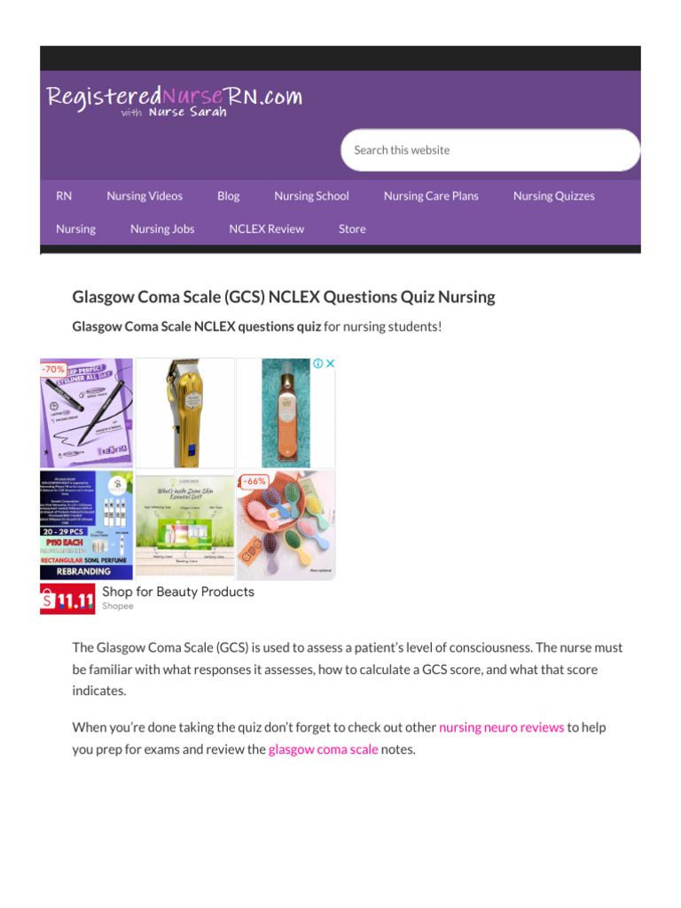 Glasgow Coma Scale (GCS) NCLEX Questions Quiz Nursing | PDF | Traumatic ...