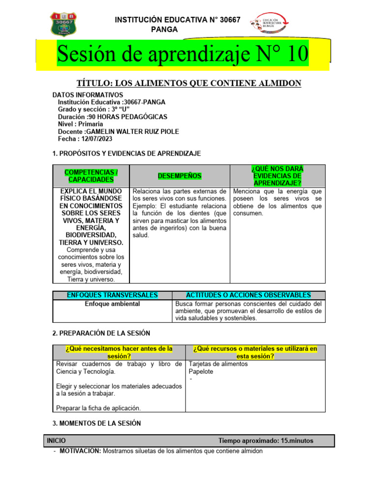 Sesion de Alimentos Que Contiene Almidon | PDF | Aprendizaje | Alimentos