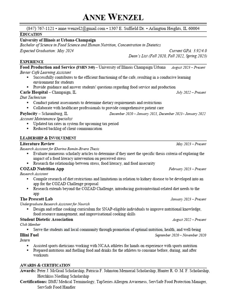 anne wenzel official resume 2023pdf | PDF | Dietitian | Public Services