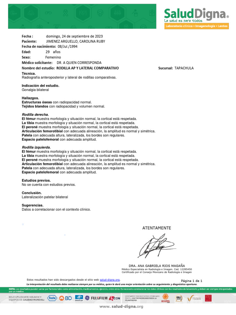 Informe de Radiografía de Rodillas | PDF