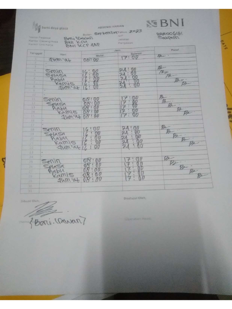 Absensi Beni Irawan BNI Palembang September 2023 | PDF