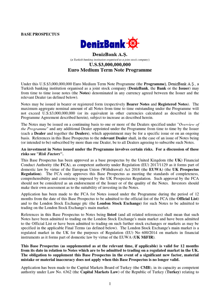 DenizBank A.Ş. - EMTN Programme Update - Base Prospectus | PDF ...
