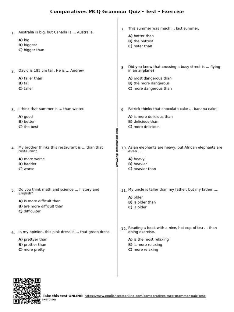 733 - Comparatives MCQ Grammar Quiz Test Exercise | PDF