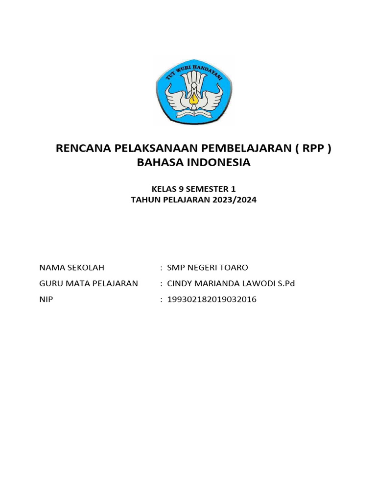 RPP Bahasa Indonesia Kelas 9 SMP Toaro | PDF