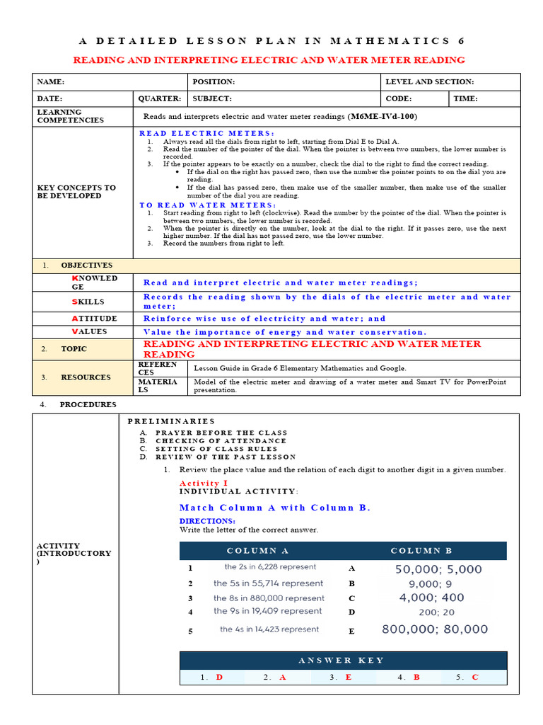 Exemplar Lesson Plan in Math 6 Interpret Electric and Water Meter Readings | PDF | Water