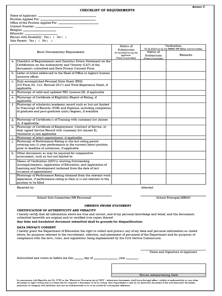 Annex C - Checklist of Requirements and Omnibus Sworn Statement - FOR ...
