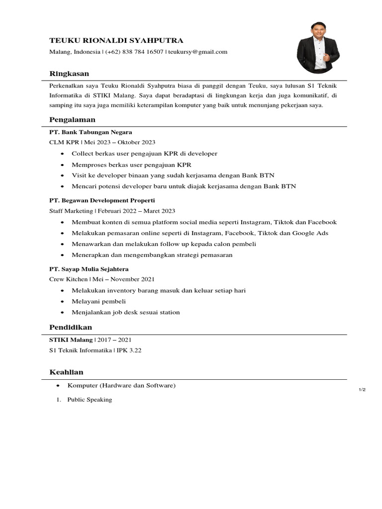 CV Teuku Rionaldi Syahputra - Sales Officer | PDF