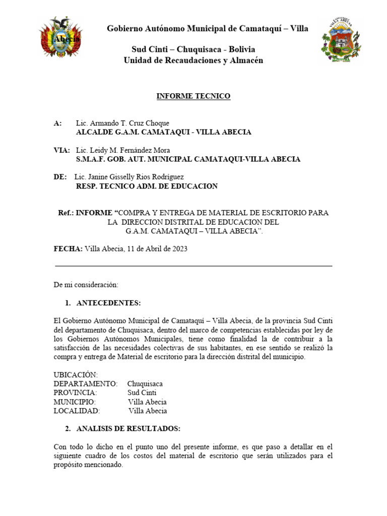 INFORME TECNICO COMPRAS MATERIAL DE ESCRITORIO | PDF | Gobierno local