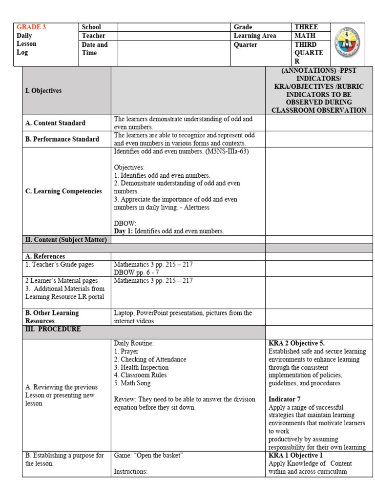 Lesson Plan Grade 3 Math Pdf Learning Nonverbal Communication