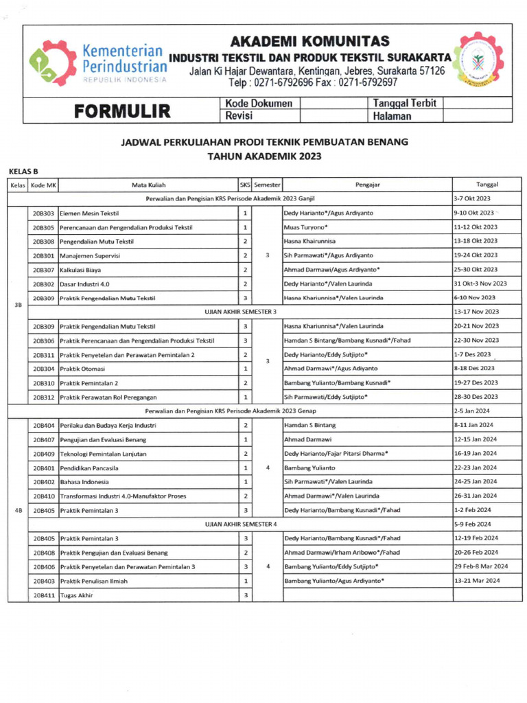 Jadwal Kuliah Sem 3&4 Kelas B Angkatan 2022 | PDF