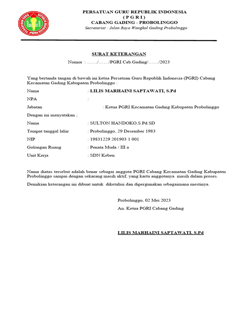 SURAT KETERANGAN Anggota PGRI | PDF