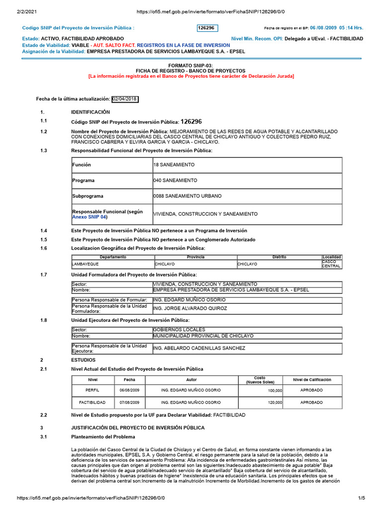 Ficha Snip Modelo | Descargar gratis PDF | Agua | Alcantarillado