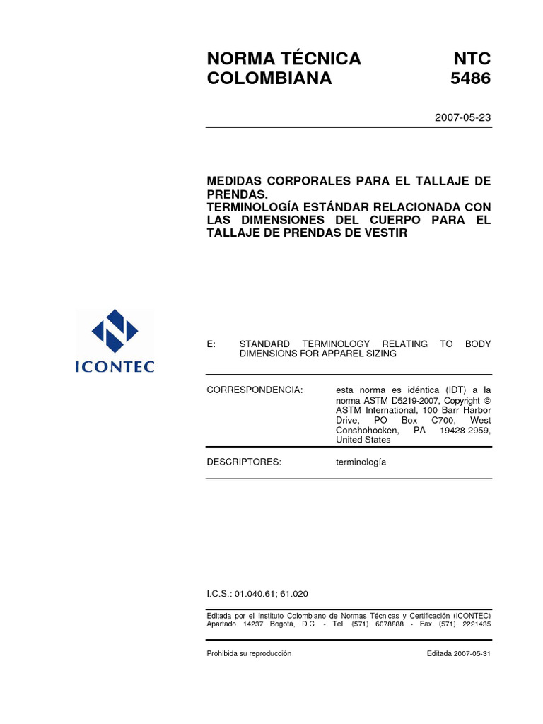NTC5486 MEDIDAS CORPORALES PARA EL TALLAJE DE PRENDAS. TERMINOLOGÍA ...