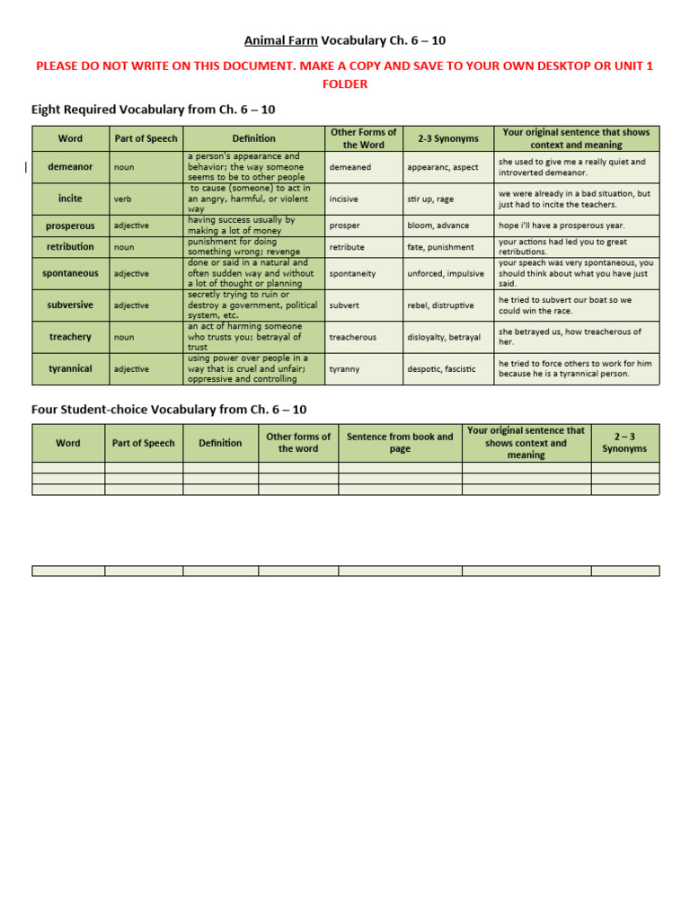 Animal Farm - Vocabulary Ch. 6-10 | PDF | Adjective | Human Communication