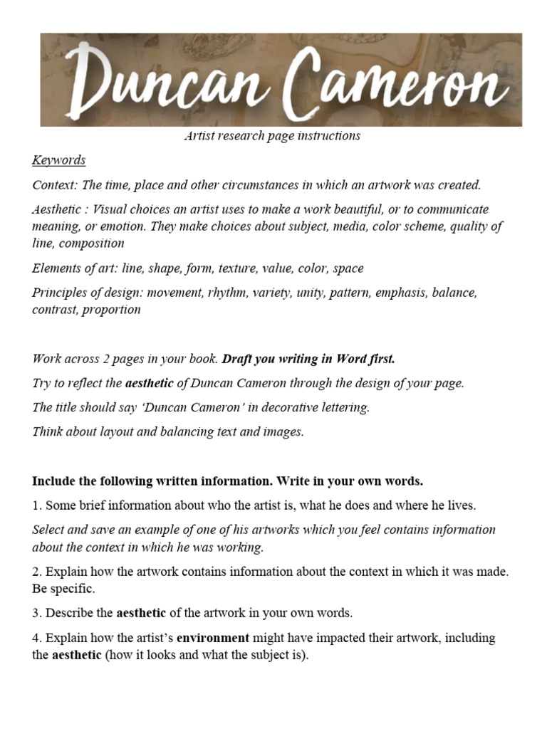 Duncan Cameron Artist Research Page Instructions | PDF | Art