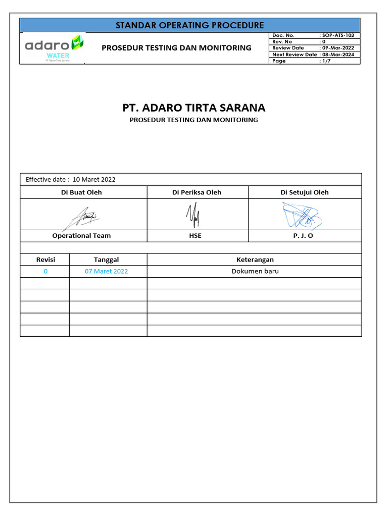 ATS-SOP-102 Prosedure Testing Dan Monitoring | PDF