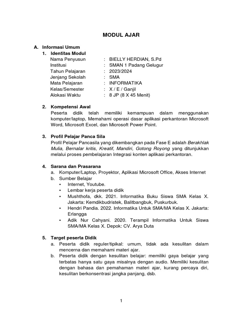 Modul Ajar Informatika - Teknologi Informasi Dan Komunikasi - Fase E | PDF