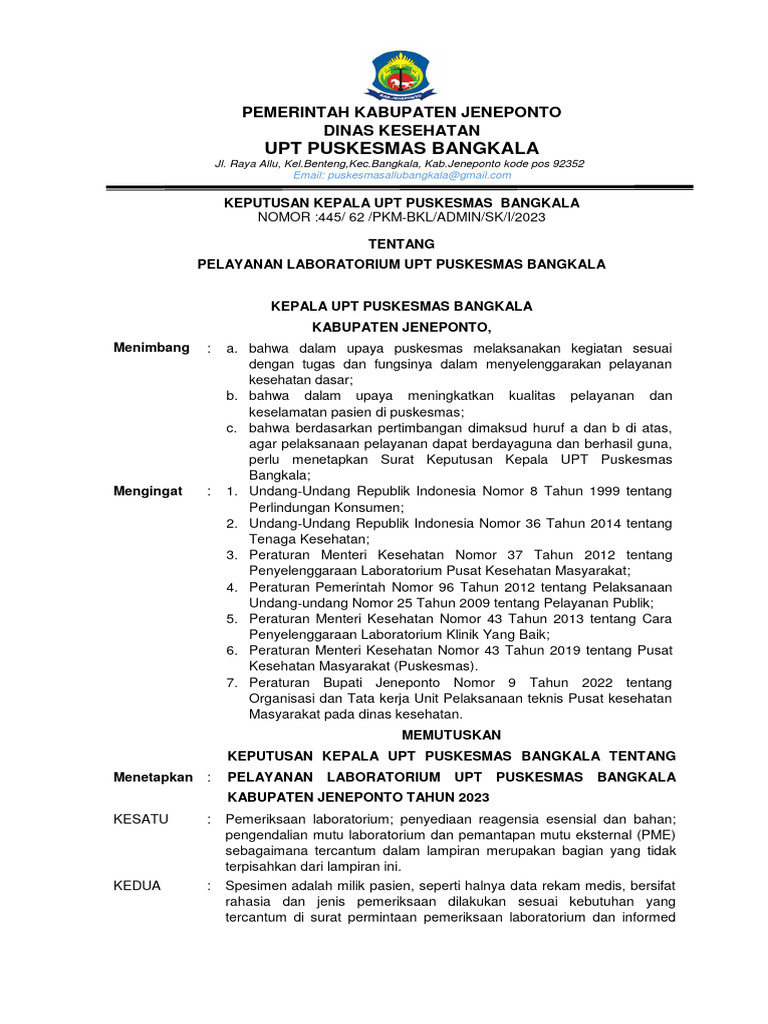 Pelayanan Laboratorium Puskesmas Bangkala | PDF